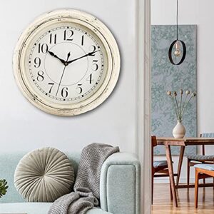 Peohud Silent Wall Clock, 12 Inch Vintage Non Ticking Quartz Battery Operated Round Clock, Rustic Wall Clock for Living Room Kitchen Home Office Classroom School, Creamy White