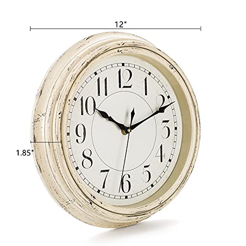 Peohud Silent Wall Clock, 12 Inch Vintage Non Ticking Quartz Battery Operated Round Clock, Rustic Wall Clock for Living Room Kitchen Home Office Classroom School, Creamy White