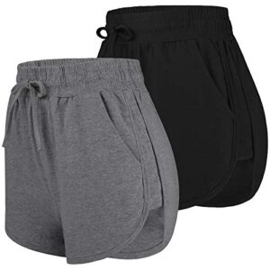 uratot 2 pack xxl cotton yoga short women summer running gym sports waistband shorts with pockets, black, dark grey