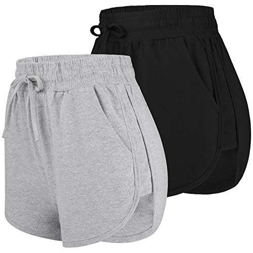 URATOT 2 Pack M Cotton Yoga Short Women Summer Running Gym Sports Waistband Shorts with Pockets, Black, Light Grey