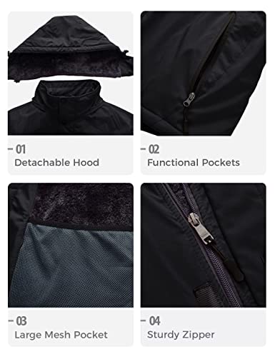 Wantdo Men's Plus Size Windproof Mountain Windbreaker Big&Tall Fleece Waterproof Ski Jacket Black Large Tall