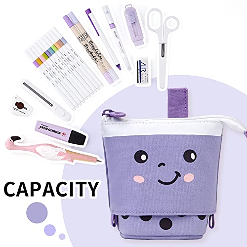 ANGOOBABY Standing Pencil Case Cute Telescopic Pen Holder Kawaii Stationery Pouch Makeup Cosmetics Bag for School Students Office Women Teens Girls Boys (Purple)