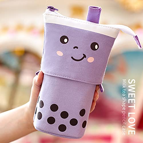 ANGOOBABY Standing Pencil Case Cute Telescopic Pen Holder Kawaii Stationery Pouch Makeup Cosmetics Bag for School Students Office Women Teens Girls Boys (Purple)