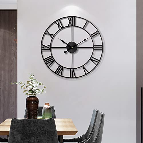 Large Wall Clock Metal Retro Roman Numeral Clock, Modern Round Clocks Almost Silent, Easy to Read for Living Room/Home/Kitchen/Bedroom/Office/School Decor (Black, 16 Inch)