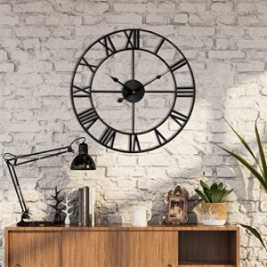 Large Wall Clock Metal Retro Roman Numeral Clock, Modern Round Clocks Almost Silent, Easy to Read for Living Room/Home/Kitchen/Bedroom/Office/School Decor (Black, 16 Inch)