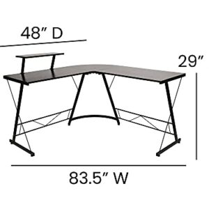 Flash Furniture Ginny Corner Desk - Black/Black Space Saving L-Shaped Gaming Desk with Monitor Shelf - 71.5" 2-Tier Computer Desk, Home Office Desk, Easy Assembly