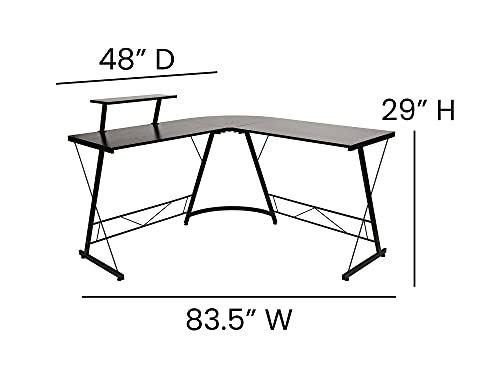 Flash Furniture Ginny Corner Desk - Black/Black Space Saving L-Shaped Gaming Desk with Monitor Shelf - 71.5" 2-Tier Computer Desk, Home Office Desk, Easy Assembly