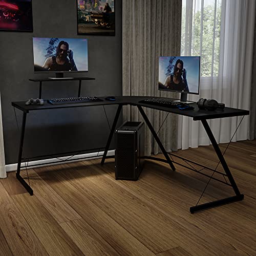 Flash Furniture Ginny Corner Desk - Black/Black Space Saving L-Shaped Gaming Desk with Monitor Shelf - 71.5" 2-Tier Computer Desk, Home Office Desk, Easy Assembly