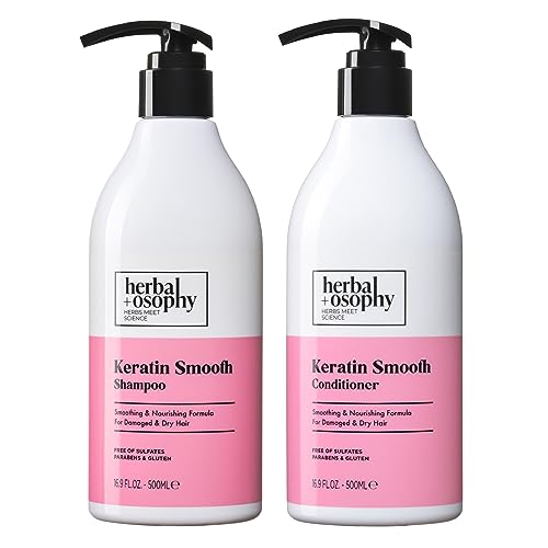 Herbalosophy Keratin Shampoo & Conditioner Set (Package May Vary), Smoothing, Nourishing & Moisturizing Formula for Damaged and Dry Hair, Extra Strength Hydrate & Repair for Color Treated Hair, Anti Frizz, Free of Sulfate, Parabens and Gluten, 2 x 16.9 Fl