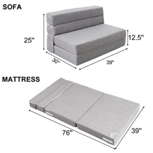 ANONER Folding Sleeper Chair Sofa Bed Lazy Couch with Pillow, Twin Size, Light Gray