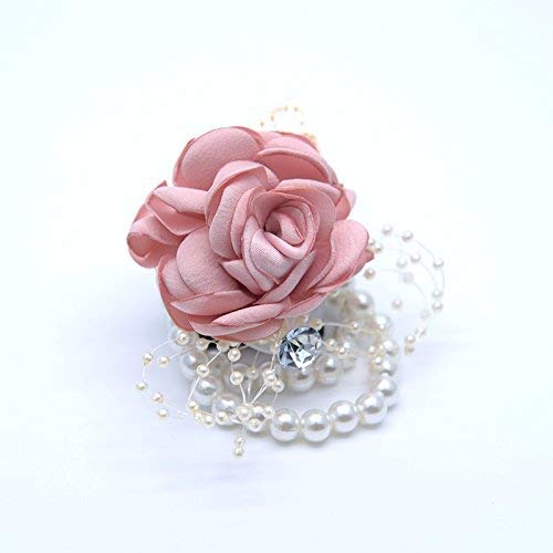 Axnhbubu (Set of 4) Girl's Pink Wrist Corsage Bracelets,Bridesmaid Pearl Boutonniere,Dusty Rose Corsages,Women's Hand Flowers for Wedding Party Prom,Homecoming Corsage.