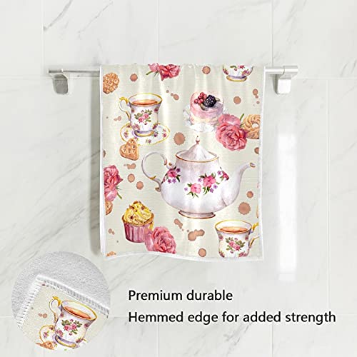 Tamniee Summer Coffee Cake Hand Towels Tea Pot Teacup Flowers Decor Kitchen Dish Towel Quality Premium Bathroom Washcloth 30 x 15 Inches for Beach Guest Hotel Spa Gym Sport Yoga Home