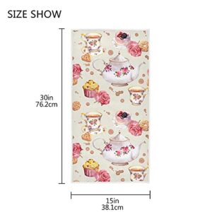 Tamniee Summer Coffee Cake Hand Towels Tea Pot Teacup Flowers Decor Kitchen Dish Towel Quality Premium Bathroom Washcloth 30 x 15 Inches for Beach Guest Hotel Spa Gym Sport Yoga Home