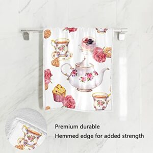 Tamniee Coffee Cakes Roses Hand Towels Teapots Decor Kitchen Dish Towel Quality Premium Bathroom Washcloth 30 x 15 Inches for Beach Guest Hotel Spa Gym Sport Yoga Home