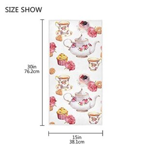 Tamniee Coffee Cakes Roses Hand Towels Teapots Decor Kitchen Dish Towel Quality Premium Bathroom Washcloth 30 x 15 Inches for Beach Guest Hotel Spa Gym Sport Yoga Home