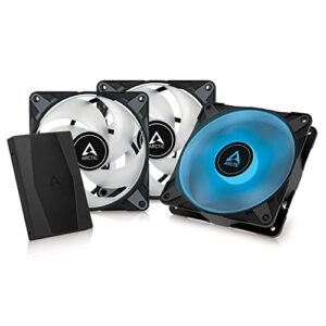 arctic p12 pwm pst rgb (3 pack, incl. controller) - 120 mm pwm case fan optimized for static pressure, case fan, semi-passive: 0-2000 rpm, 12v 4 pin rgb led - black