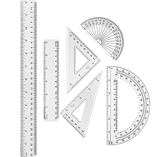 Plastic Clear Ruler Math Set Includes Protractor, Triangle Rulers,12 Inch 6 Inch Straight Ruler Geometry Math Ruler Transparent Ruler Measuring Tool for School Office Home Supplies (1 Sets)