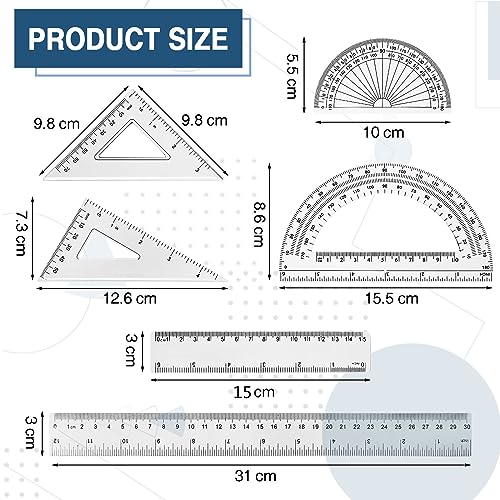 Plastic Clear Ruler Math Set Includes Protractor, Triangle Rulers,12 Inch 6 Inch Straight Ruler Geometry Math Ruler Transparent Ruler Measuring Tool for School Office Home Supplies (1 Sets)