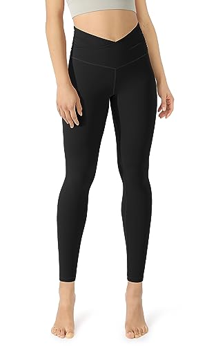 ODODOS Women's Cross Waist 7/8 Yoga Leggings with Inner Pocket, Inseam 25" Gathered Crossover Workout Yoga Pants, Black, Small