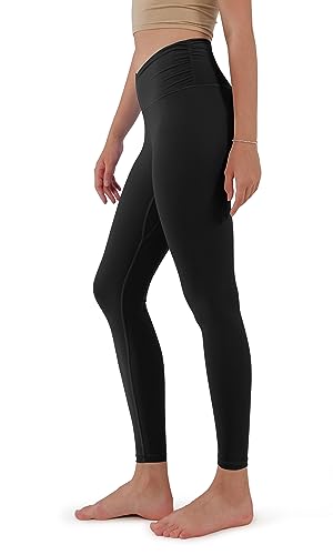 ODODOS Women's Cross Waist 7/8 Yoga Leggings with Inner Pocket, Inseam 25" Gathered Crossover Workout Yoga Pants, Black, Small