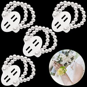 4 pieces elastic pearl wrist corsage bands wristlets wedding corsage pearl bracelet stretch pearl wedding wristband faux pearl bead corsage accessories bracelets for wedding party bride bridesmaid