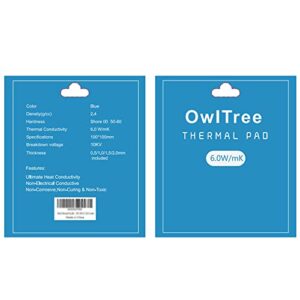 OwlTree 4 Pack Thermal Pad,100x100mm 0.5mm 1mm 1.5mm 2mm Highly Efficient Thermal Conductivity 6.0 W/mK,Heat Resistant Silicone Thermal Pads for Laptop Heatsink CPU GPU SSD IC LED Cooler