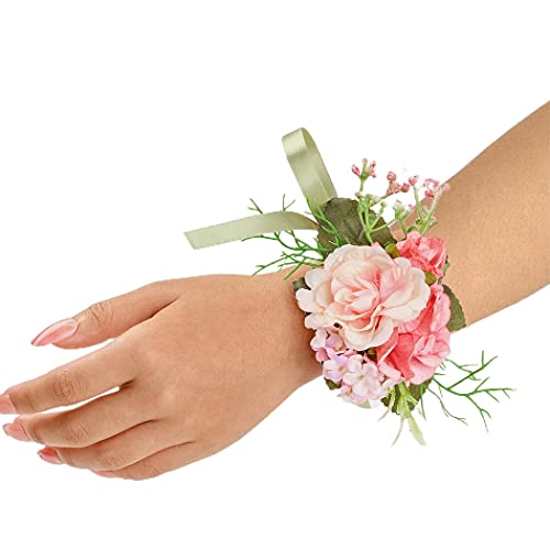 Campsis Wedding Bridal Wrist Flower Corsage Pink Handmade Leave Hand Flower Bride Bridesmaid Ribbon Wristlet for Prom Party Beach Photography 2PCS