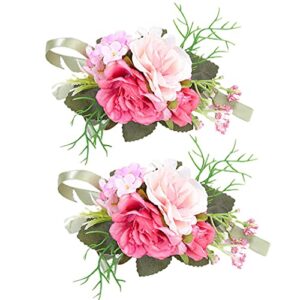 Campsis Wedding Bridal Wrist Flower Corsage Pink Handmade Leave Hand Flower Bride Bridesmaid Ribbon Wristlet for Prom Party Beach Photography 2PCS