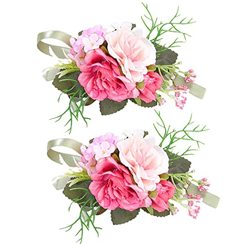 Campsis Wedding Bridal Wrist Flower Corsage Pink Handmade Leave Hand Flower Bride Bridesmaid Ribbon Wristlet for Prom Party Beach Photography 2PCS