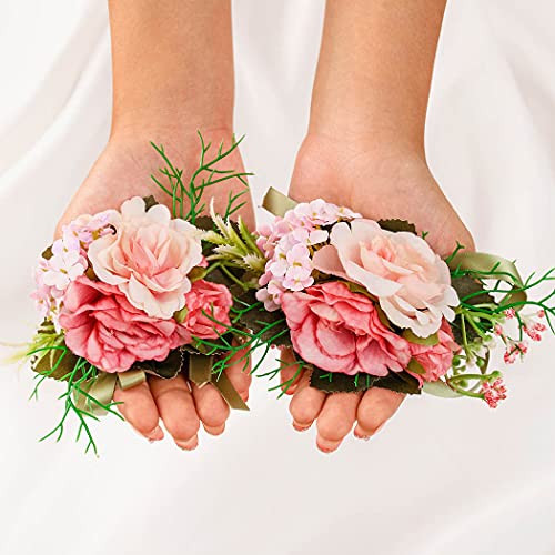 Campsis Wedding Bridal Wrist Flower Corsage Pink Handmade Leave Hand Flower Bride Bridesmaid Ribbon Wristlet for Prom Party Beach Photography 2PCS