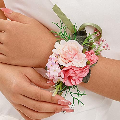 Campsis Wedding Bridal Wrist Flower Corsage Pink Handmade Leave Hand Flower Bride Bridesmaid Ribbon Wristlet for Prom Party Beach Photography 2PCS