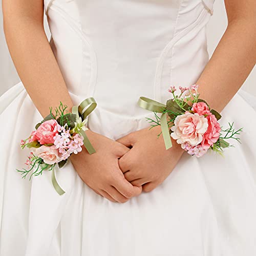 Campsis Wedding Bridal Wrist Flower Corsage Pink Handmade Leave Hand Flower Bride Bridesmaid Ribbon Wristlet for Prom Party Beach Photography 2PCS