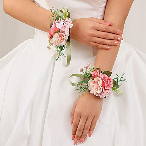 Campsis Wedding Bridal Wrist Flower Corsage Pink Handmade Leave Hand Flower Bride Bridesmaid Ribbon Wristlet for Prom Party Beach Photography 2PCS