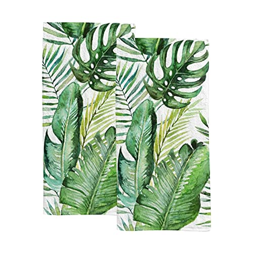 Vantaso Bath Hand Towels Face Terry Towel Washcloth Couple Bathroom Set of 2 Green Tropical Palm & Fern Leaves Kitchen Decor Soft Quick Dry Super Absorbent 30 X 15 inch