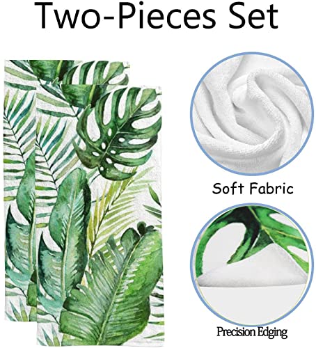 Vantaso Bath Hand Towels Face Terry Towel Washcloth Couple Bathroom Set of 2 Green Tropical Palm & Fern Leaves Kitchen Decor Soft Quick Dry Super Absorbent 30 X 15 inch