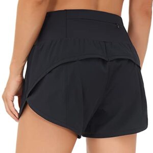 THE GYM PEOPLE Womens High Waisted Running Shorts Quick Dry Athletic Workout Shorts with Mesh Liner Zipper Pockets (Black, Large)