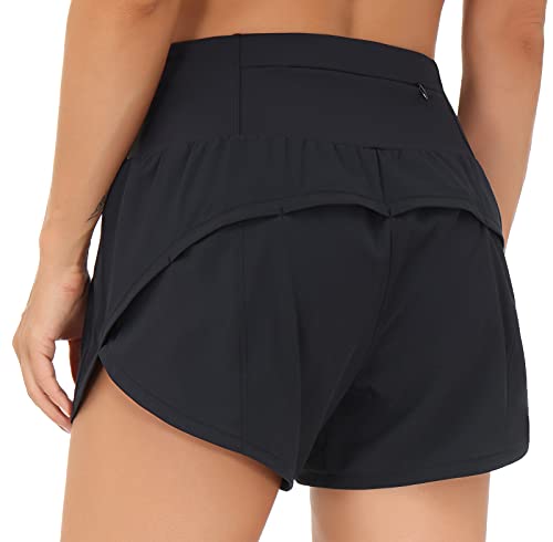 THE GYM PEOPLE Womens High Waisted Running Shorts Quick Dry Athletic Workout Shorts with Mesh Liner Zipper Pockets (Black, Large)