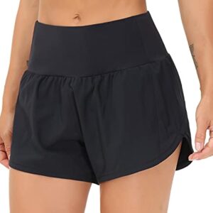 THE GYM PEOPLE Womens High Waisted Running Shorts Quick Dry Athletic Workout Shorts with Mesh Liner Zipper Pockets (Black, Large)