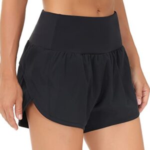 THE GYM PEOPLE Womens High Waisted Running Shorts Quick Dry Athletic Workout Shorts with Mesh Liner Zipper Pockets (Black, Large)