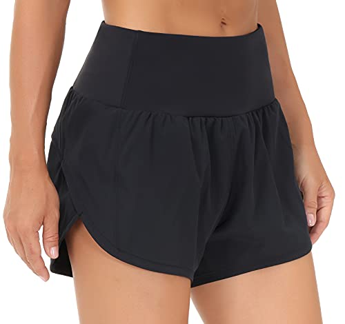 THE GYM PEOPLE Womens High Waisted Running Shorts Quick Dry Athletic Workout Shorts with Mesh Liner Zipper Pockets (Black, Large)