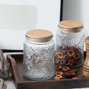 Livejun Vintage Glass Jar Canister Storage Jar with Seal Wooden Lid Retro Design for Kitchen Counter, Pantry, Tea, Sugar, Coffee Tea Beans,Flour 23.5 oz Set of 2 (Plum blossom)