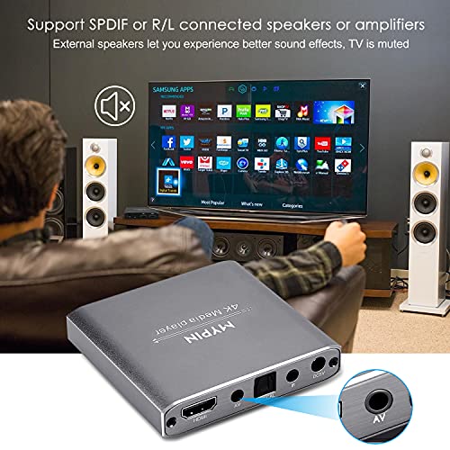 4K Media Player with Remote Control, Digital MP4 Player for 8TB HDD/USB Drive/TF Card/H.265 MP4 PPT MKV AVI Support HDMI/AV/Optical Out and USB Mouse/Keyboard-HDMI up to 7.1 Surround Sound (Grey)