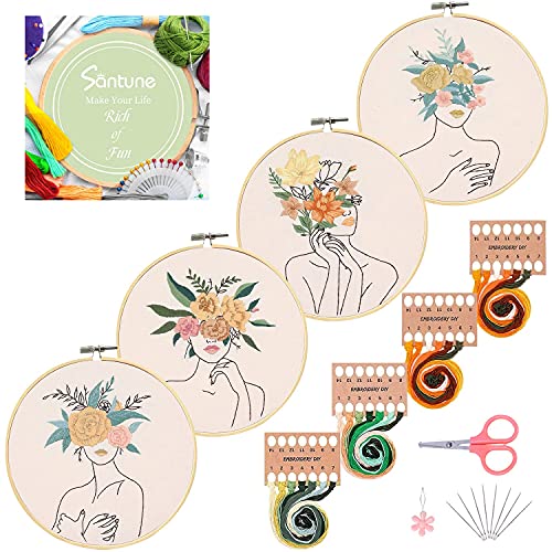 Santune 4 Pack Embroidery kit with Patterns and Instructions,DIY Beginner Cross Stitch Kits for Adults, with 4 Embroidery Clothes Women and Flower Pattern,2 Embroidery Hoops, Color Threads and Needles