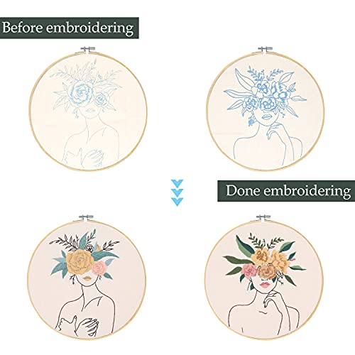 Santune 4 Pack Embroidery kit with Patterns and Instructions,DIY Beginner Cross Stitch Kits for Adults, with 4 Embroidery Clothes Women and Flower Pattern,2 Embroidery Hoops, Color Threads and Needles