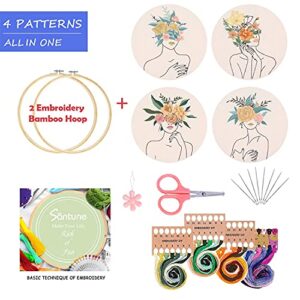 Santune 4 Pack Embroidery kit with Patterns and Instructions,DIY Beginner Cross Stitch Kits for Adults, with 4 Embroidery Clothes Women and Flower Pattern,2 Embroidery Hoops, Color Threads and Needles