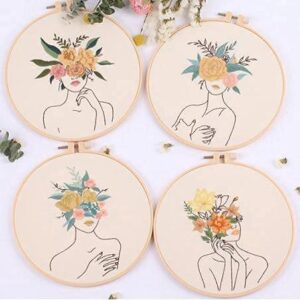 Santune 4 Pack Embroidery kit with Patterns and Instructions,DIY Beginner Cross Stitch Kits for Adults, with 4 Embroidery Clothes Women and Flower Pattern,2 Embroidery Hoops, Color Threads and Needles