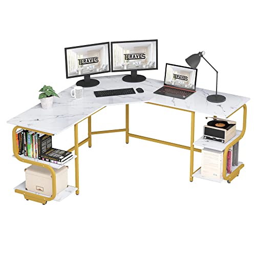 Teraves Modern L Shaped Desk with Shelves,64.84" Computer Desk/Gaming Desk for Home Office,Corner Desk with Large Desktop (White Marbling+ Gold Frame, Large+4 Tier Shelves)