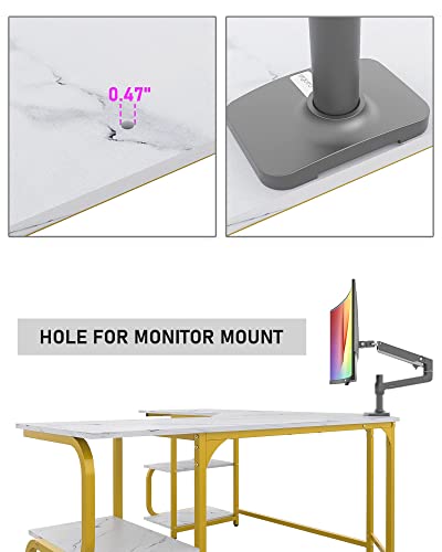 Teraves Modern L Shaped Desk with Shelves,64.84" Computer Desk/Gaming Desk for Home Office,Corner Desk with Large Desktop (White Marbling+ Gold Frame, Large+4 Tier Shelves)