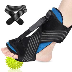 adjustable plantar fasciitis night splint,improved dorsal night splint with massage ball,adjustable ankle foot drop orthotic brace for plantar fasciitis, foot drop ankle pain, achilles tendonitis support for women, men (blue)