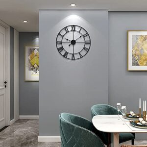 LEIKE Large Modern Metal Wall Clocks 40CM Round Nearly Silent Little Ticking Outdoor Black Roman Numeral Clock for Kitchen,Living Room,Bedroom Wall Decor